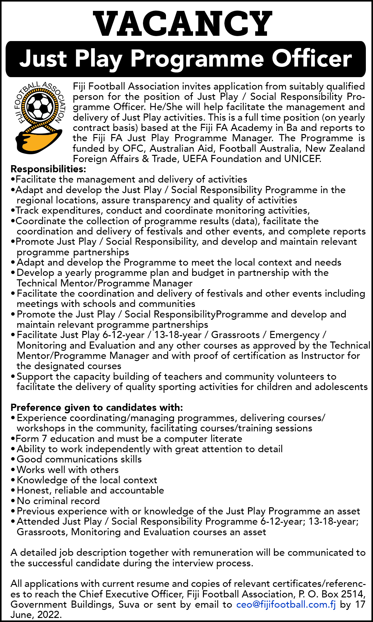 Vacancy| Just Play Programme Officer | FijiFootball.com.fj