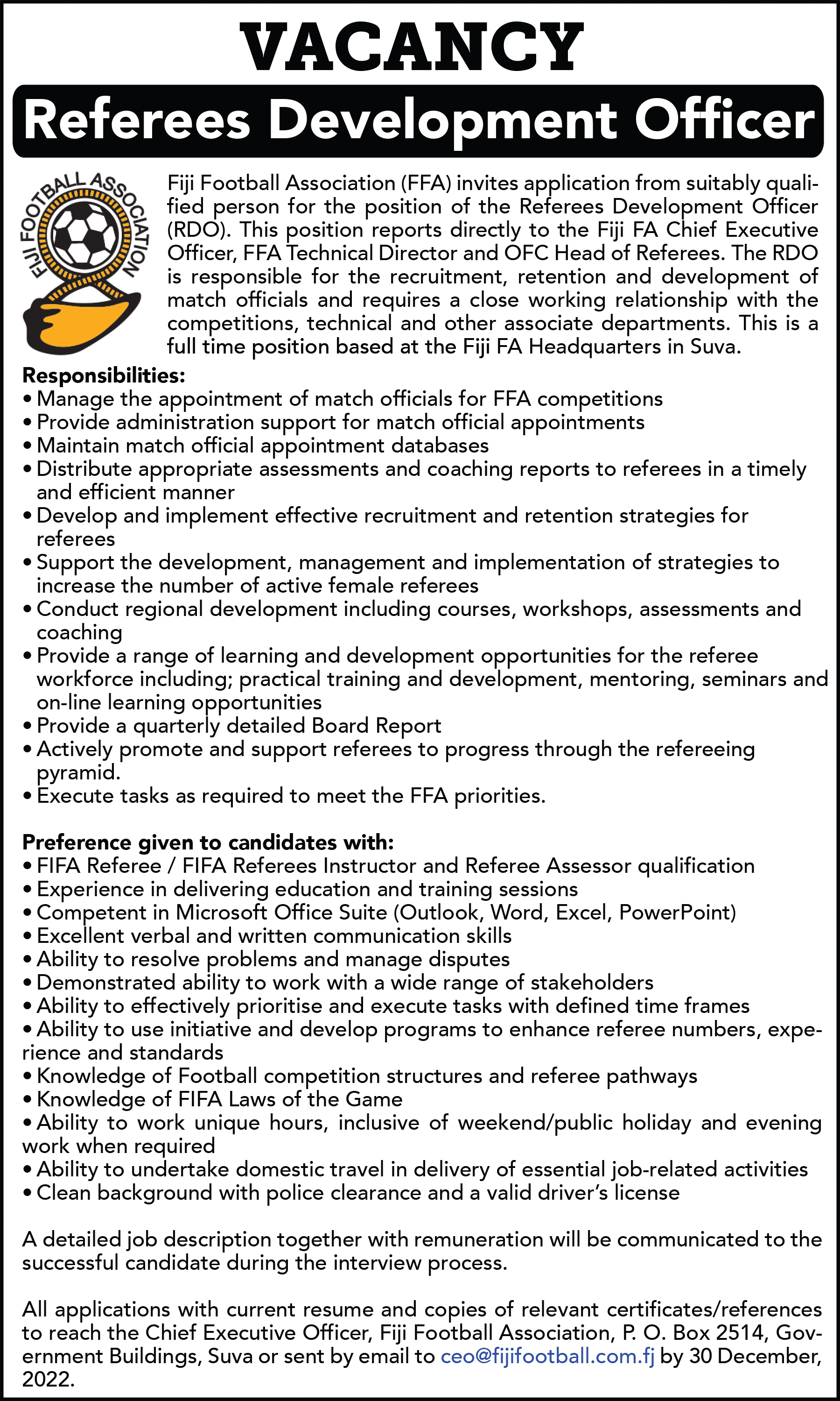 Vacancy- Referees Development Officer | FijiFootball.com.fj