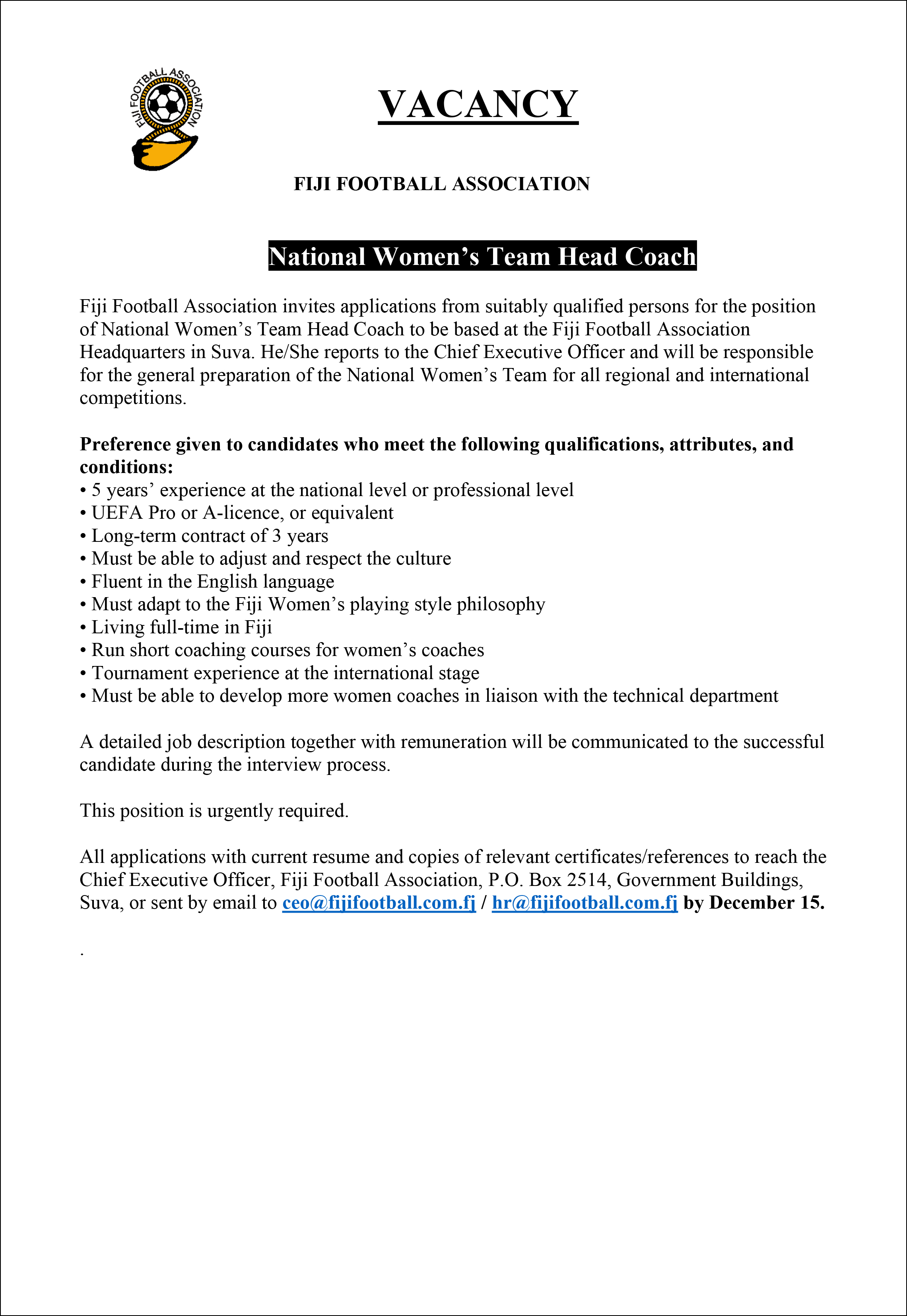 Fiji FA Vacancy| National Women’s Team Head Coach. | FijiFootball.com.fj